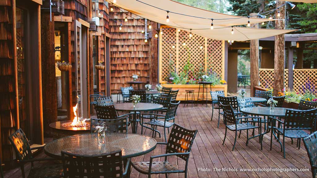 Creekside dining in the village at Bear Valley Mountain California